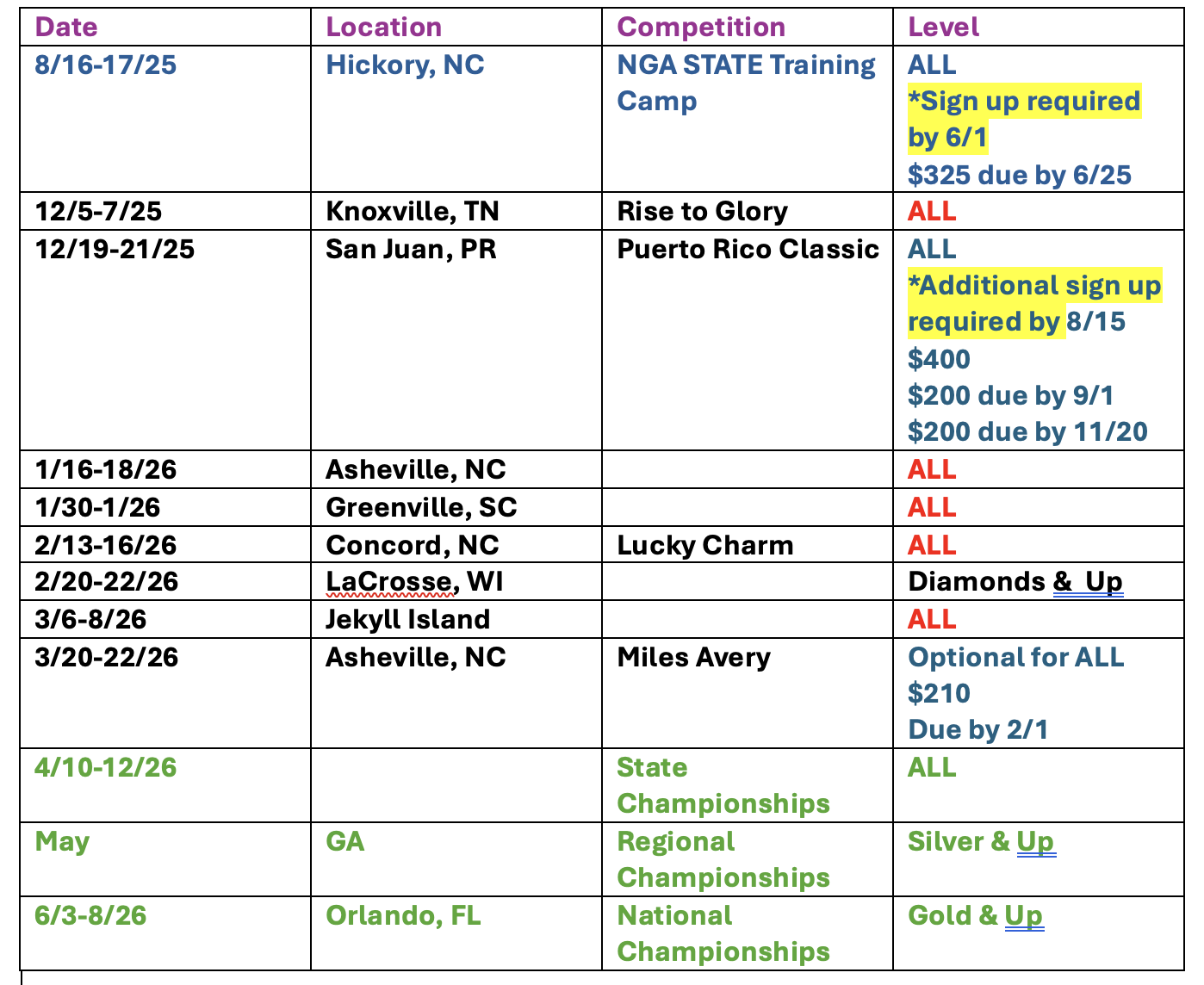 Precision PTA - Travel Schedule